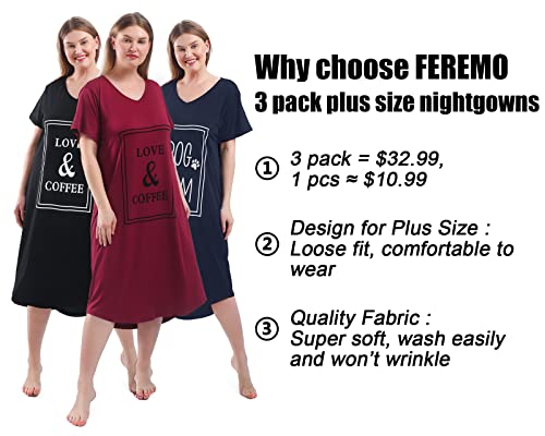 FEREMO 3 Pack Plus Size Nightgowns V Neck Nightshirts Short Sleeve Printed Sleepwear Soft Loungewear for Women (4X, Black+Wine Red+Dog Mom Navy Blue)