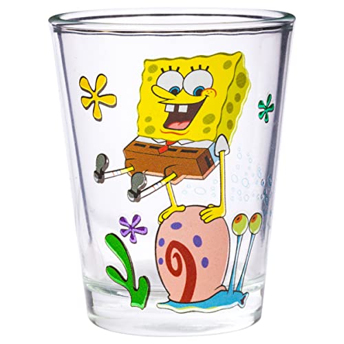 Silver Buffalo SpongeBob SquarePants Poses Floral Krabby Patty 4-Pack Mini Glass Set, 1.5 Ounces