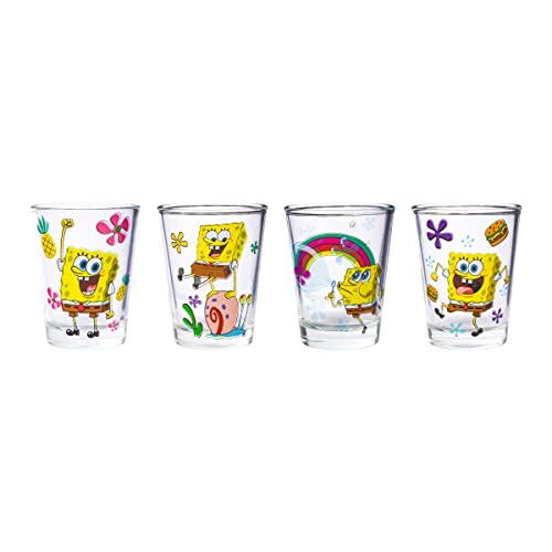 Silver Buffalo SpongeBob SquarePants Poses Floral Krabby Patty 4-Pack Mini Glass Set, 1.5 Ounces