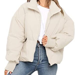 ZESICA Women's Winter Warm Long Sleeve Zip Up Drawsting Baggy Cropped Puffer Down Jacket Coat Outerwear,Cream,X-Small