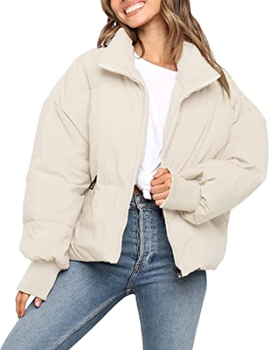 ZESICA Women's Winter Warm Long Sleeve Zip Up Drawsting Baggy Cropped Puffer Down Jacket Coat Outerwear,Cream,X-Small