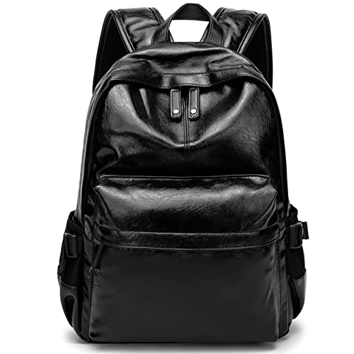 Leather Laptop Backpack for Men Women, School College Bookbag Casual Travel Daypack (Black)