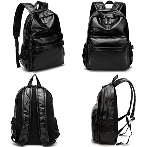 Leather Laptop Backpack for Men Women, School College Bookbag Casual Travel Daypack (Black)