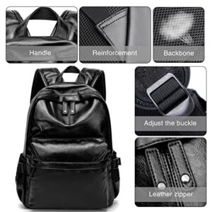 Leather Laptop Backpack for Men Women, School College Bookbag Casual Travel Daypack (Black)