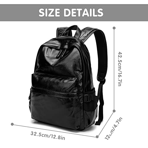 Leather Laptop Backpack for Men Women, School College Bookbag Casual Travel Daypack (Black)