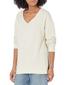 gap womens fleece oversized vneck tunic sweatshirt, beach pebble, small us