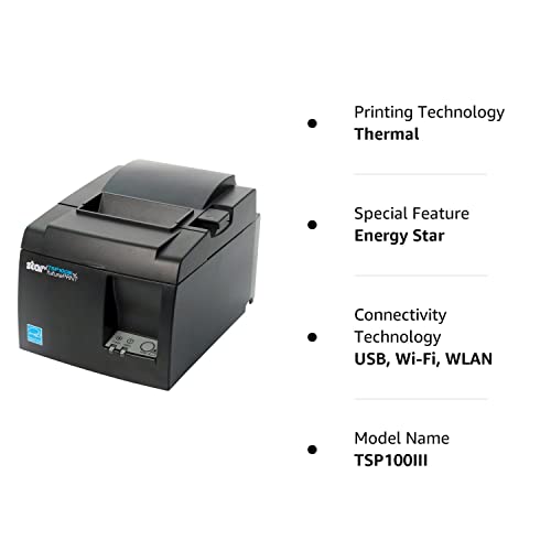 Star Micronics TSP143IIIW TSP100III Wi-Fi (WLAN) Thermal Receipt Printer with Wireless Access Point - USB, WiFi Connectivity, 250mm/sec Print Speed, 203 dpi, Auto-Cutter, Dark Gray - YKGAV