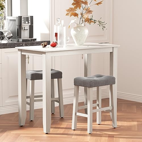 Nathaniel Home 3 Piece Counter Height Table Chairs Set, Kitchen Dining Room Sets Furniture One Bench and Two Saddle Stools with Upholstery pad, Antique White