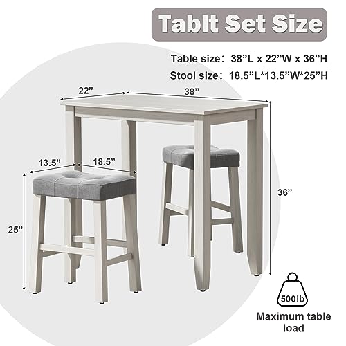 Nathaniel Home 3 Piece Counter Height Table Chairs Set, Kitchen Dining Room Sets Furniture One Bench and Two Saddle Stools with Upholstery pad, Antique White