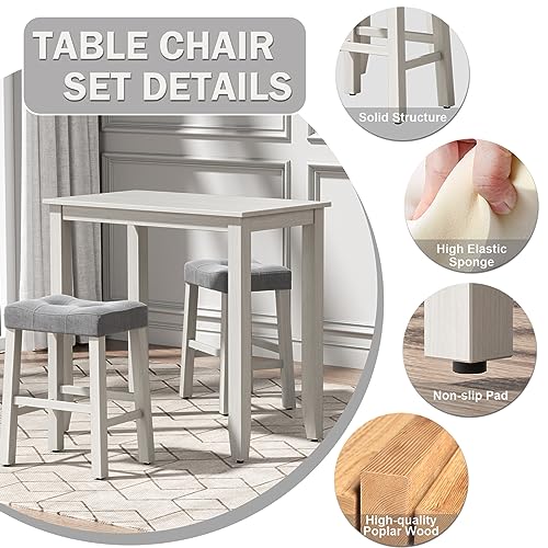 Nathaniel Home 3 Piece Counter Height Table Chairs Set, Kitchen Dining Room Sets Furniture One Bench and Two Saddle Stools with Upholstery pad, Antique White