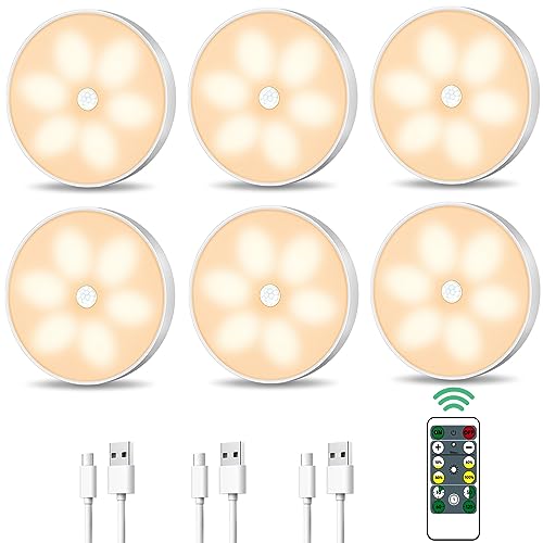 Lightbiz Warm Color LED Closet Lights Wireless Motion Sensor Puck Light, USB Rechargeable Battery Operated Puck Lights with Remote, Dimmer Under Cabinet Counter Lighting for Kitchen, Wardrobe (6 Pack)