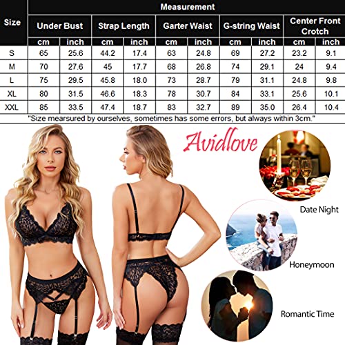 Avidlove Women Garter Lingerie Lace Bra and Panty Set Sexy 3 Piece Lingerie Set with Garter Belt (L, Black)