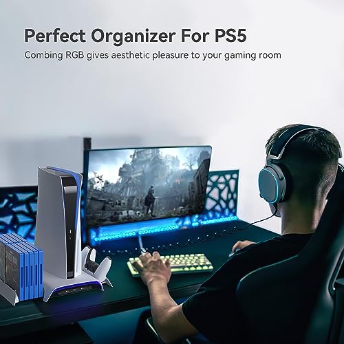 KIWIHOME Cooling Station for PS5 Accessories, Vertical Stand with RGB for Console, 3-Level Fan, Dual Controller Charging Station, 10 Game Slots, Compatible with Disc & Digital Edition