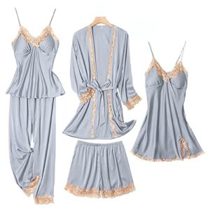 sapjon womens pajama sets 5pcs silk pajamas for women cute sleepwear loungewear satin pajamas sets for women soft grey