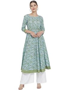 yash gallery women's plus size cotton floral printed anarkali kurta (blue)