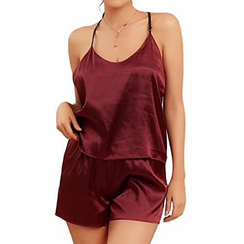 Awvuq Womens Sexy Pajamas for Women, Two-piece Sleepwear Satin Silk Pajamas Cami Tops Shorts Pj Sets (XS-XXL) Red