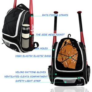 WOLT | Youth Baseball Backpack Bag for Baseball, Softball & T-Ball Equipment & Gear, Youth Boys and Adults, with Holder for Bat, Helmet, Glove, & Shoes Compartment & Fence Hook (Black)