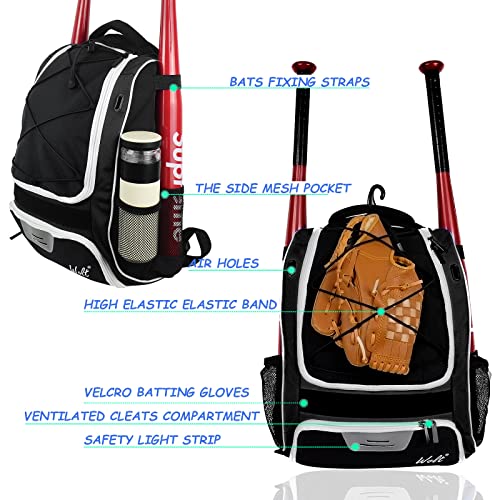 WOLT | Youth Baseball Backpack Bag for Baseball, Softball & T-Ball Equipment & Gear, Youth Boys and Adults, with Holder for Bat, Helmet, Glove, & Shoes Compartment & Fence Hook (Black)