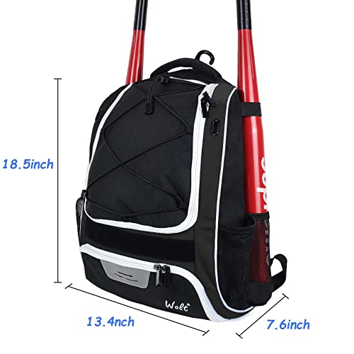 WOLT | Youth Baseball Backpack Bag for Baseball, Softball & T-Ball Equipment & Gear, Youth Boys and Adults, with Holder for Bat, Helmet, Glove, & Shoes Compartment & Fence Hook (Black)