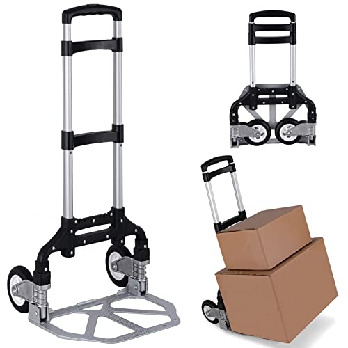 Folding Hand Truck Portable Foldable Dolly Cart Aluminum Dolly Cart Trolley Cart Black MAX Load 180 lbs, with Black Bungee Cord, Telescoping Handle,Solid Aluminium Wheel suspensions, Double Bearings