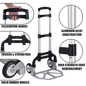 Folding Hand Truck Portable Foldable Dolly Cart Aluminum Dolly Cart Trolley Cart Black MAX Load 180 lbs, with Black Bungee Cord, Telescoping Handle,Solid Aluminium Wheel suspensions, Double Bearings