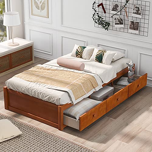 Twin Size Bed with 3 Storage Drawers, Solid Wooden Twin Platform Bed with Support Slats, Twin Bed Frame for Kids Teens, No Box Spring Needed (Twin, Oak)