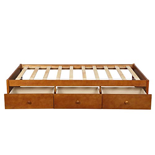 Twin Size Bed with 3 Storage Drawers, Solid Wooden Twin Platform Bed with Support Slats, Twin Bed Frame for Kids Teens, No Box Spring Needed (Twin, Oak)