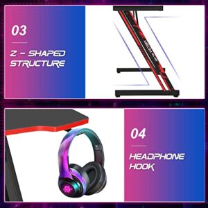 BestOffice 35"/39"/47" Computer Desk Z Shaped Workstation Ergonomic Table with Headphone Hook for Game Players (Red, 47 in)