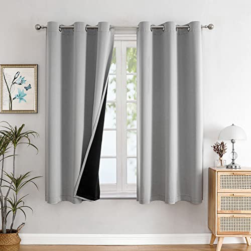 ChrisDowa 100% Blackout Curtains for Bedroom with Black Liner, 2 Thick Layers Total Blackout Thermal Insulated Grommet Window Curtains 63 Inch Length 2 Panels Set (Light Grey, 42 x 63 Inch)