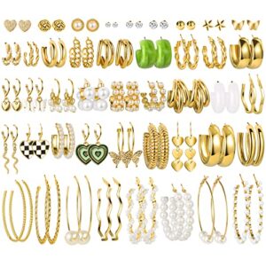 44 pairs gold hoop earrings set for women multipack, fashion dangle heart statement pearl earrings pack, hypoallergenic chunky hoops jewelry for birthday party gift