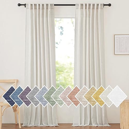 NICETOWN Semi Sheer Light Filtering Linen Curtains for Windows 95 inch Length, Rod Pocket & Back Tab Linen Blend Vertical Drapes Privacy for Bedroom/Living Room, Natural, W52 x L95, 2 Pieces