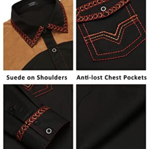 COOFANDY Mens Shirt Western Cowboy Embroidered Long Sleeve Slim Fit Casual Cotton Button Down Hippie with Pockets, Black, Large, Long Sleeve