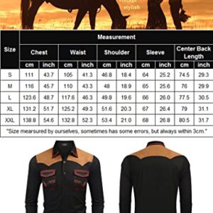 COOFANDY Mens Shirt Western Cowboy Embroidered Long Sleeve Slim Fit Casual Cotton Button Down Hippie with Pockets, Black, Large, Long Sleeve