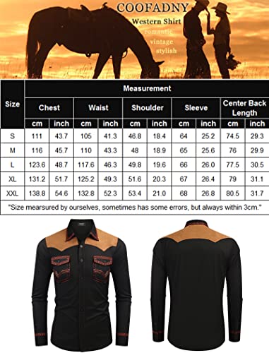 COOFANDY Mens Shirt Western Cowboy Embroidered Long Sleeve Slim Fit Casual Cotton Button Down Hippie with Pockets, Black, Large, Long Sleeve