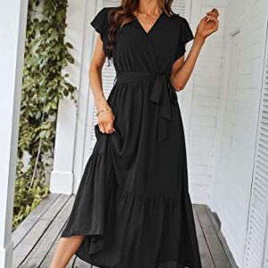 PRETTYGARDEN Women's 2023 Floral Boho Dress Wrap V Neck Short Sleeve Belted Ruffle Hem A-Line Flowy Maxi Dresses (Solid Black,Large)