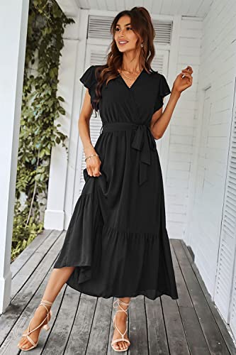 PRETTYGARDEN Women's 2023 Floral Boho Dress Wrap V Neck Short Sleeve Belted Ruffle Hem A-Line Flowy Maxi Dresses (Solid Black,Large)