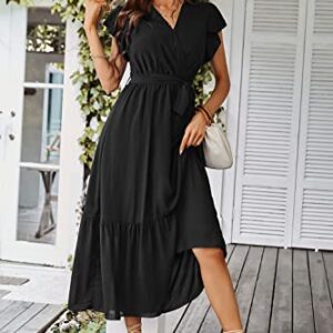 PRETTYGARDEN Women's 2023 Floral Boho Dress Wrap V Neck Short Sleeve Belted Ruffle Hem A-Line Flowy Maxi Dresses (Solid Black,Large)