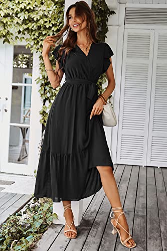 PRETTYGARDEN Women's 2023 Floral Boho Dress Wrap V Neck Short Sleeve Belted Ruffle Hem A-Line Flowy Maxi Dresses (Solid Black,Large)