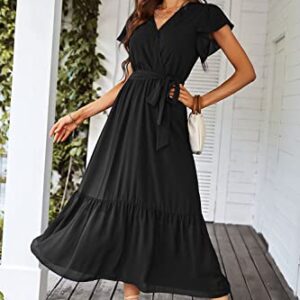 PRETTYGARDEN Women's 2023 Floral Boho Dress Wrap V Neck Short Sleeve Belted Ruffle Hem A-Line Flowy Maxi Dresses (Solid Black,Large)