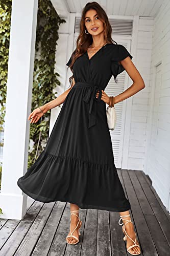 PRETTYGARDEN Women's 2023 Floral Boho Dress Wrap V Neck Short Sleeve Belted Ruffle Hem A-Line Flowy Maxi Dresses (Solid Black,Large)