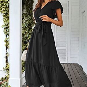 PRETTYGARDEN Women's 2023 Floral Boho Dress Wrap V Neck Short Sleeve Belted Ruffle Hem A-Line Flowy Maxi Dresses (Solid Black,Large)