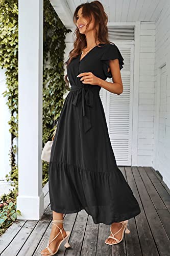 PRETTYGARDEN Women's 2023 Floral Boho Dress Wrap V Neck Short Sleeve Belted Ruffle Hem A-Line Flowy Maxi Dresses (Solid Black,Large)