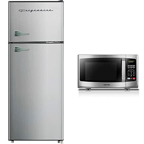 Frigidaire EFR751, 2 Door Apartment Size Refrigerator with Freezer, 7.2 cu ft, Platinum Series, Stainless Steel, 7.5 & Toshiba EM925A5A-SS Microwave Oven, 0.9 Cu. ft/900W, Stainless Steel