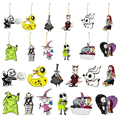 37Pcs Halloween Christmas Nightmare Sally Wooden Hanging Ornament Decoration, Halloween Witch Pumpkin King Jack Ghoul Zombie Bride Theme Party Decor for Jack and Sally Halloween Party Supplies