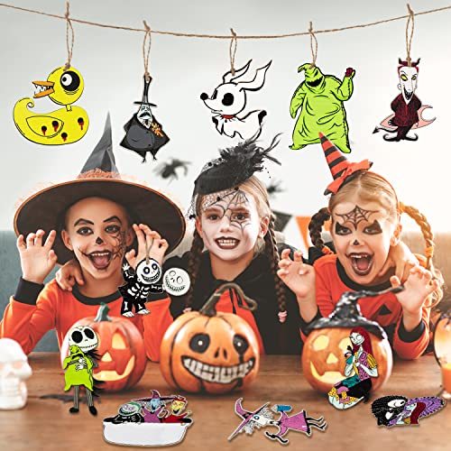 37Pcs Halloween Christmas Nightmare Sally Wooden Hanging Ornament Decoration, Halloween Witch Pumpkin King Jack Ghoul Zombie Bride Theme Party Decor for Jack and Sally Halloween Party Supplies