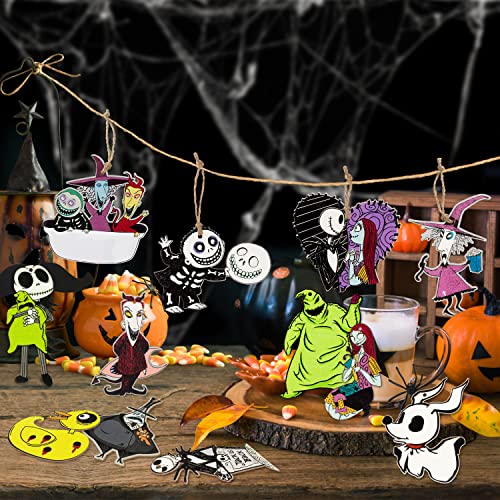 37Pcs Halloween Christmas Nightmare Sally Wooden Hanging Ornament Decoration, Halloween Witch Pumpkin King Jack Ghoul Zombie Bride Theme Party Decor for Jack and Sally Halloween Party Supplies