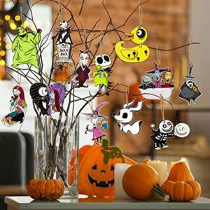 37Pcs Halloween Christmas Nightmare Sally Wooden Hanging Ornament Decoration, Halloween Witch Pumpkin King Jack Ghoul Zombie Bride Theme Party Decor for Jack and Sally Halloween Party Supplies