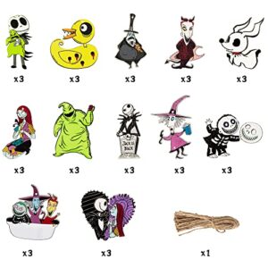 37Pcs Halloween Christmas Nightmare Sally Wooden Hanging Ornament Decoration, Halloween Witch Pumpkin King Jack Ghoul Zombie Bride Theme Party Decor for Jack and Sally Halloween Party Supplies