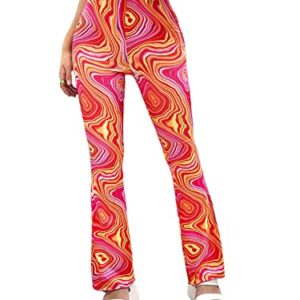 WDIRARA Women's Floral Print Elastic Waist Flare Leg Pants Stretchy Casual Long Pants Multicolour Marble M