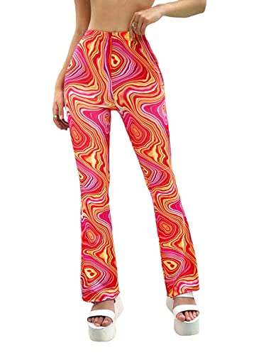 WDIRARA Women's Floral Print Elastic Waist Flare Leg Pants Stretchy Casual Long Pants Multicolour Marble M